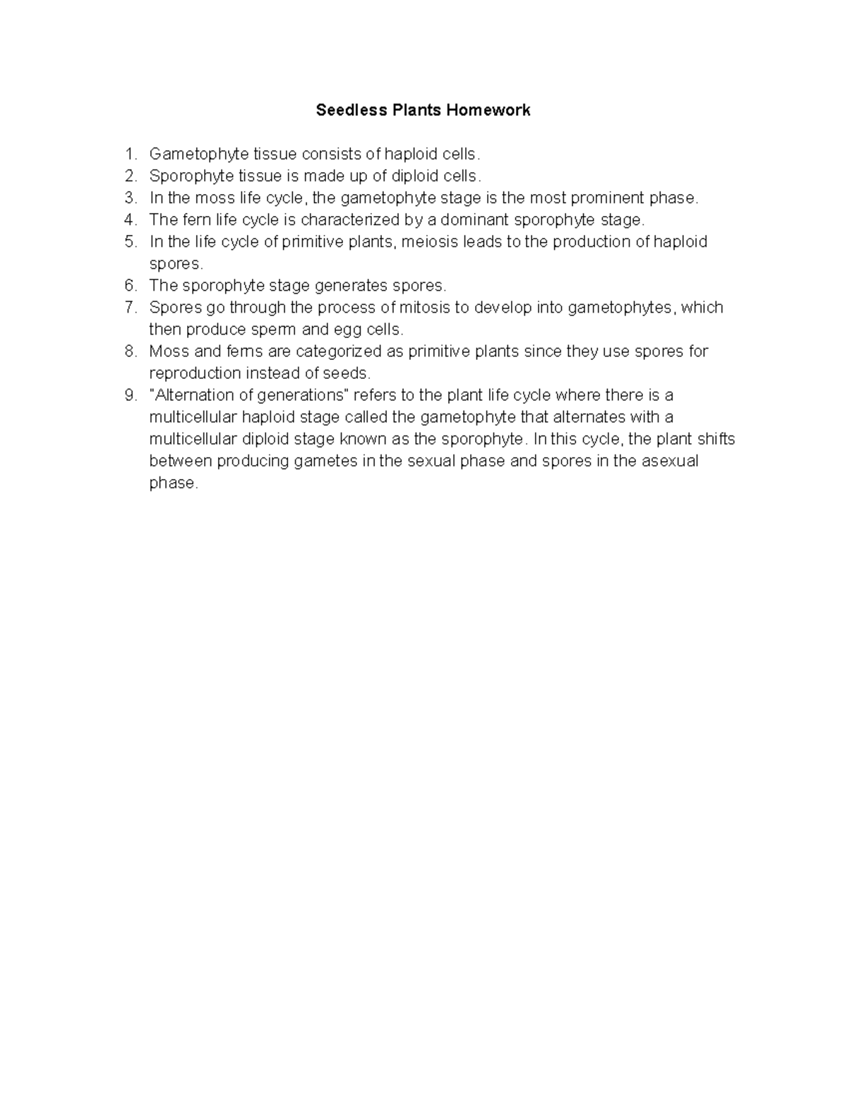 Seedless Plants Lab Homework 5: Gametophyte and Sporophyte Stages - Studocu