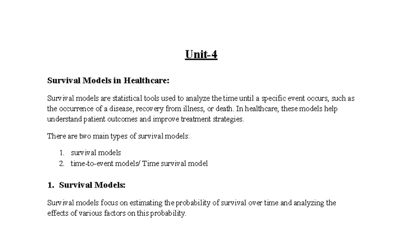 Survival Models in Healthcare: UNIT 4 Notes on Statistical Analysis ...