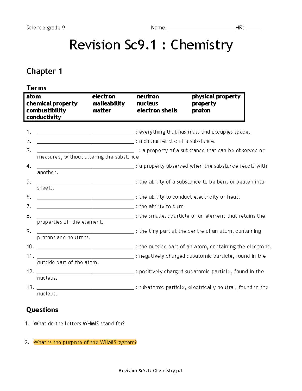 Grade 9 Chemistry Unit Review: Key Concepts and Questions - Studocu