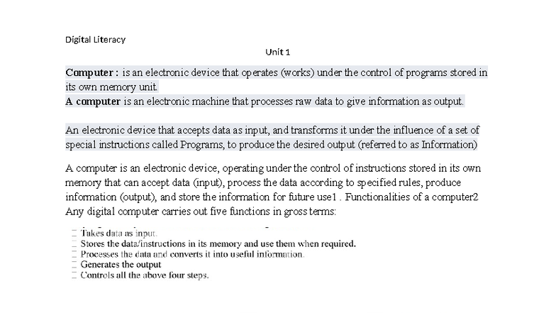 Digital Literacy Unit 1: Understanding Computer Components and ...