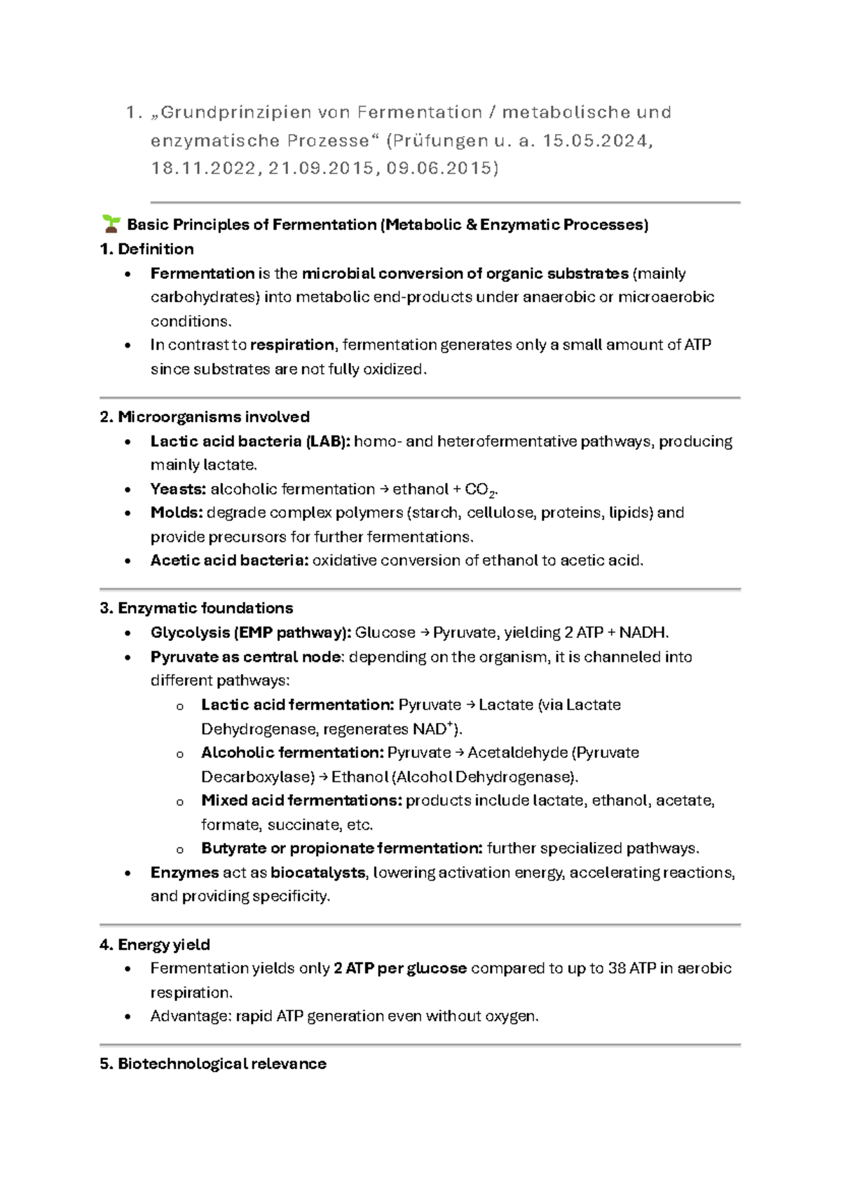 Metabolische und enzymatische Grundlagen der Fermentation (BT 101 ...