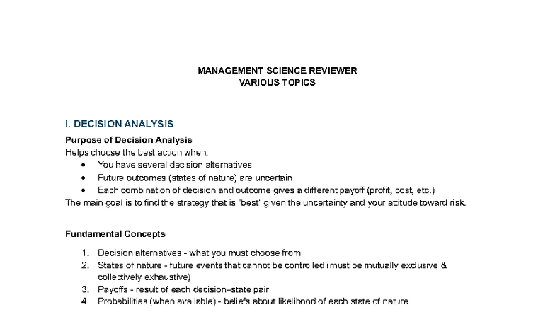 MANAGEMENT SCIENCE REVIEWER: DECISION ANALYSIS & LINEAR PROGRAMMING ...