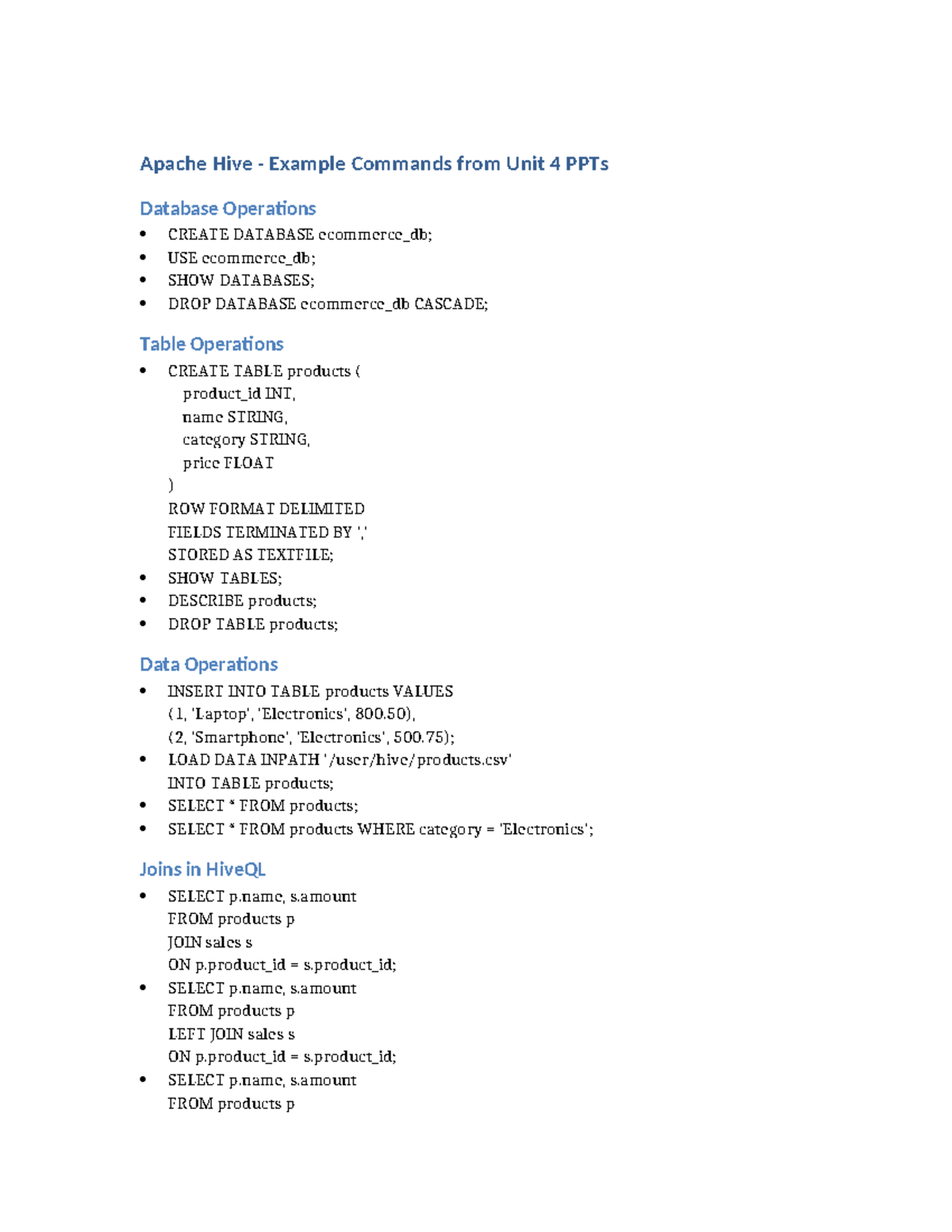 Hive Unit 4 Commands: Database & Table Operations Notes - Studocu