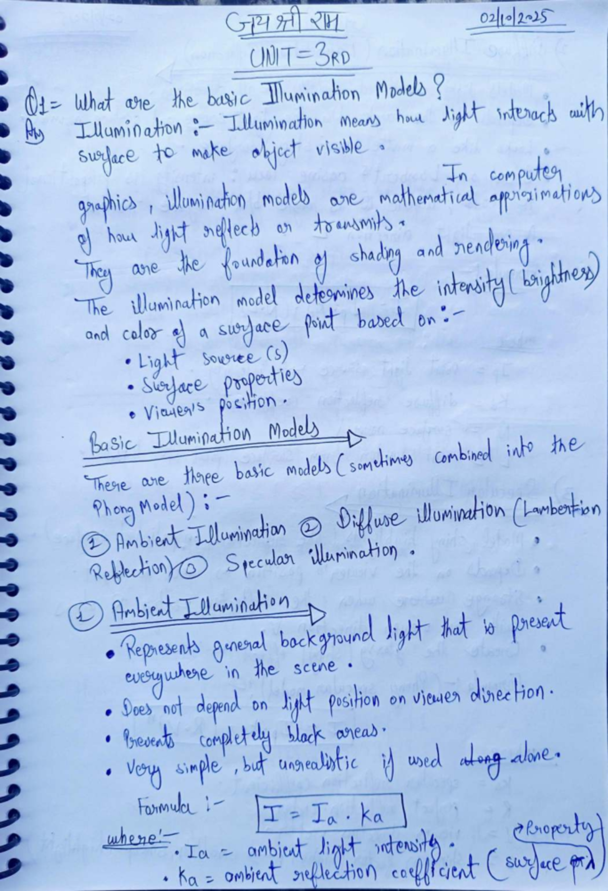 022025 Computer Graphics Unit 3: Lighting Models and Techniques - Studocu