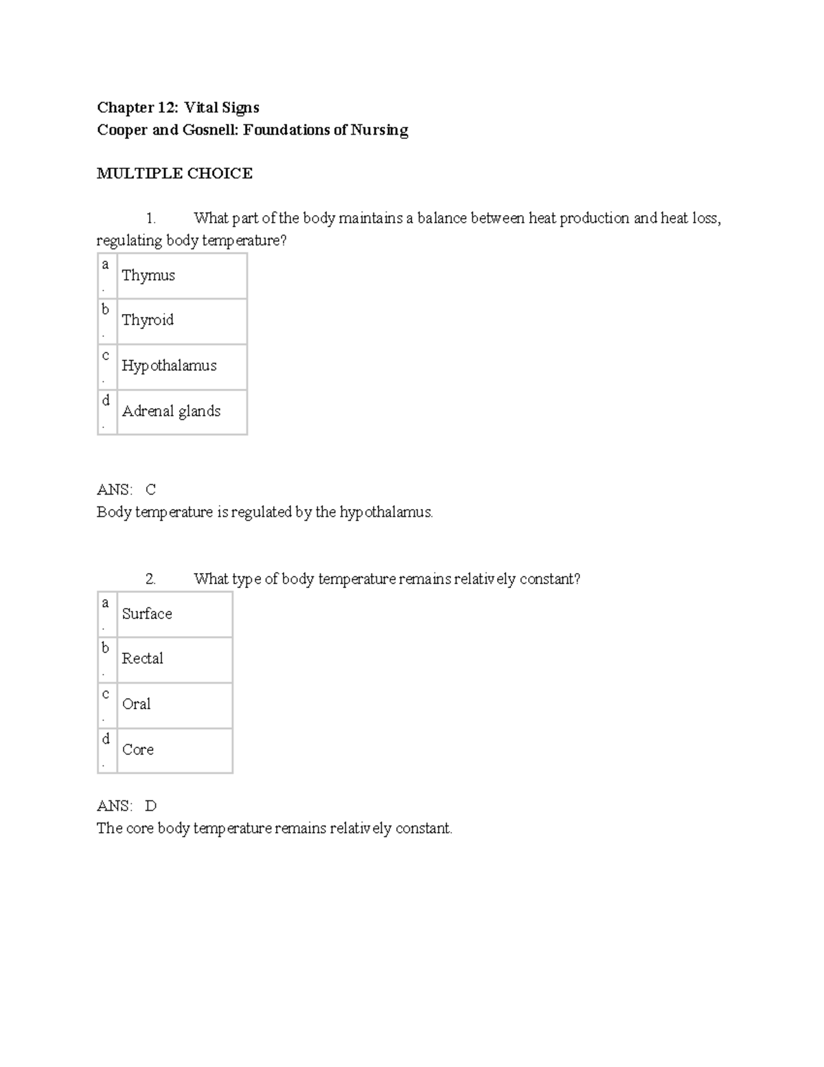 Chapter 12 Vital Signs - Multiple Choice Test Prep (Nursing 101) - Studocu