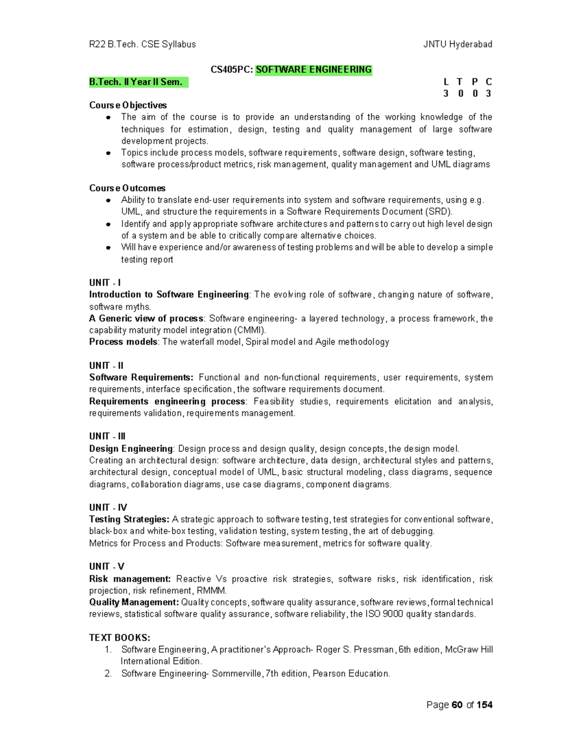 R22 B.Tech. CSE CS405PC: Software Engineering Syllabus Overview - Studocu