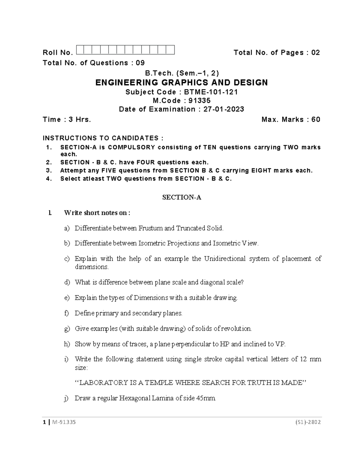 Btech 1 sem 2 sem engineering graphics and design 91335 jan 2023 - 1 ...