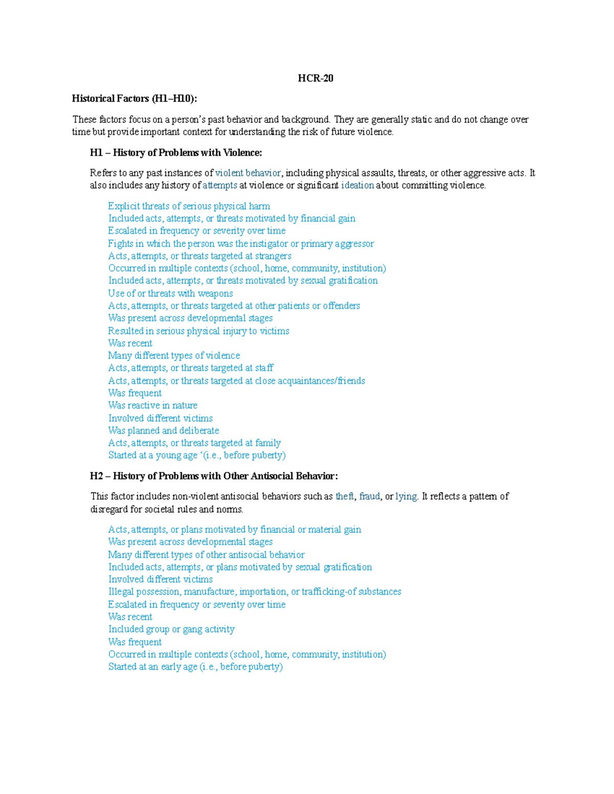 HCR-20 Forensic Risk Assessment Summary and Key Factors - Studocu