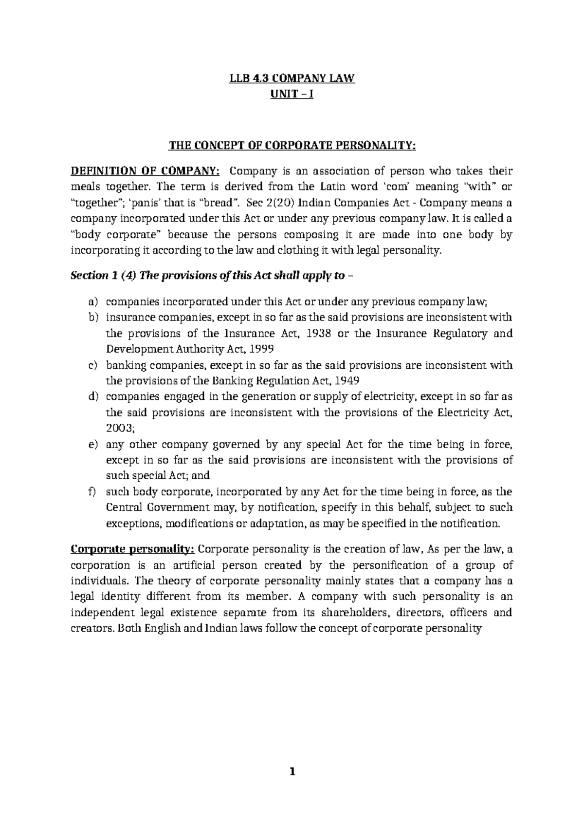 LLB 4 COMPANY LAW - UNIT 1: Corporate Personality & Legal Framework ...