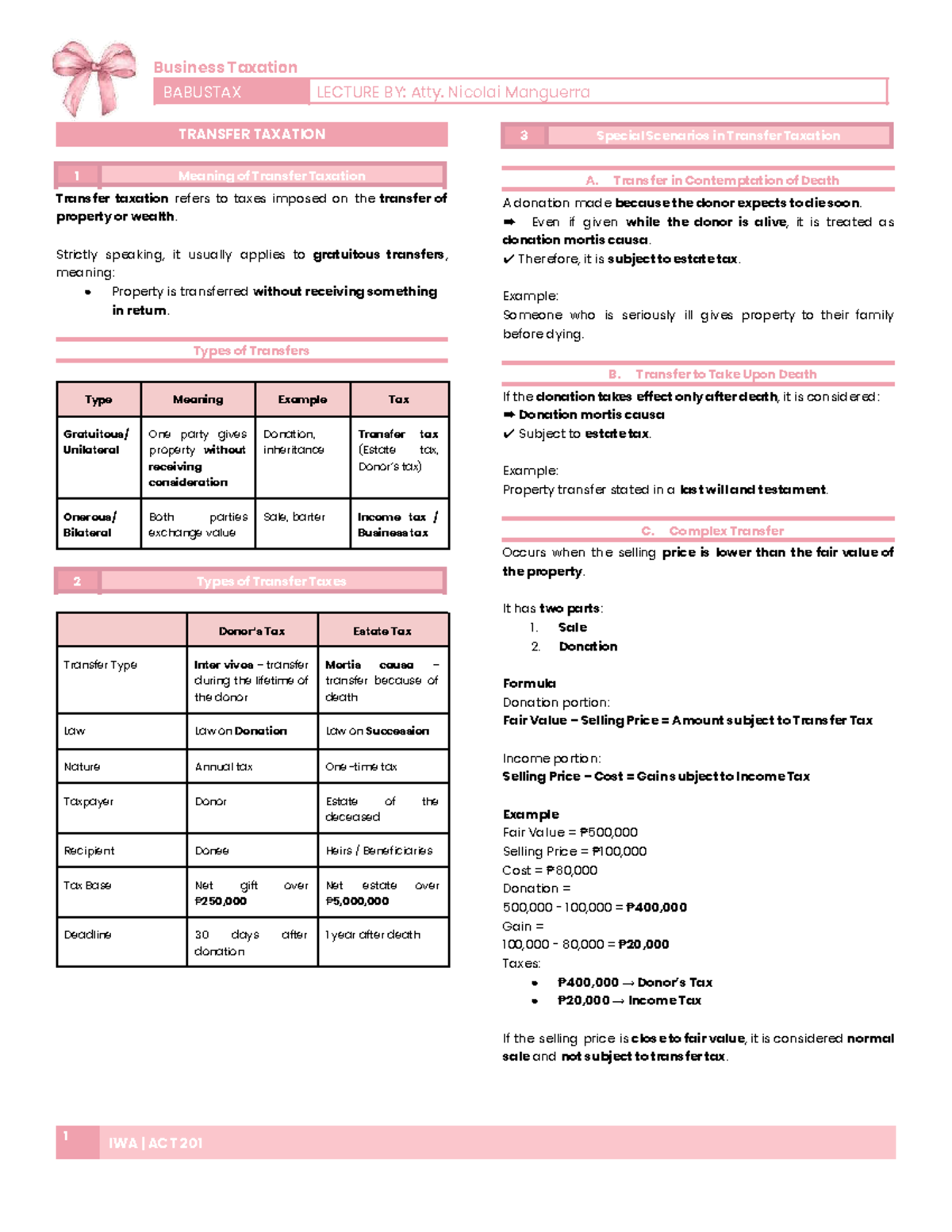 Business Taxation BABUSTAX LECTURE: Transfer Taxation Overview - Studocu