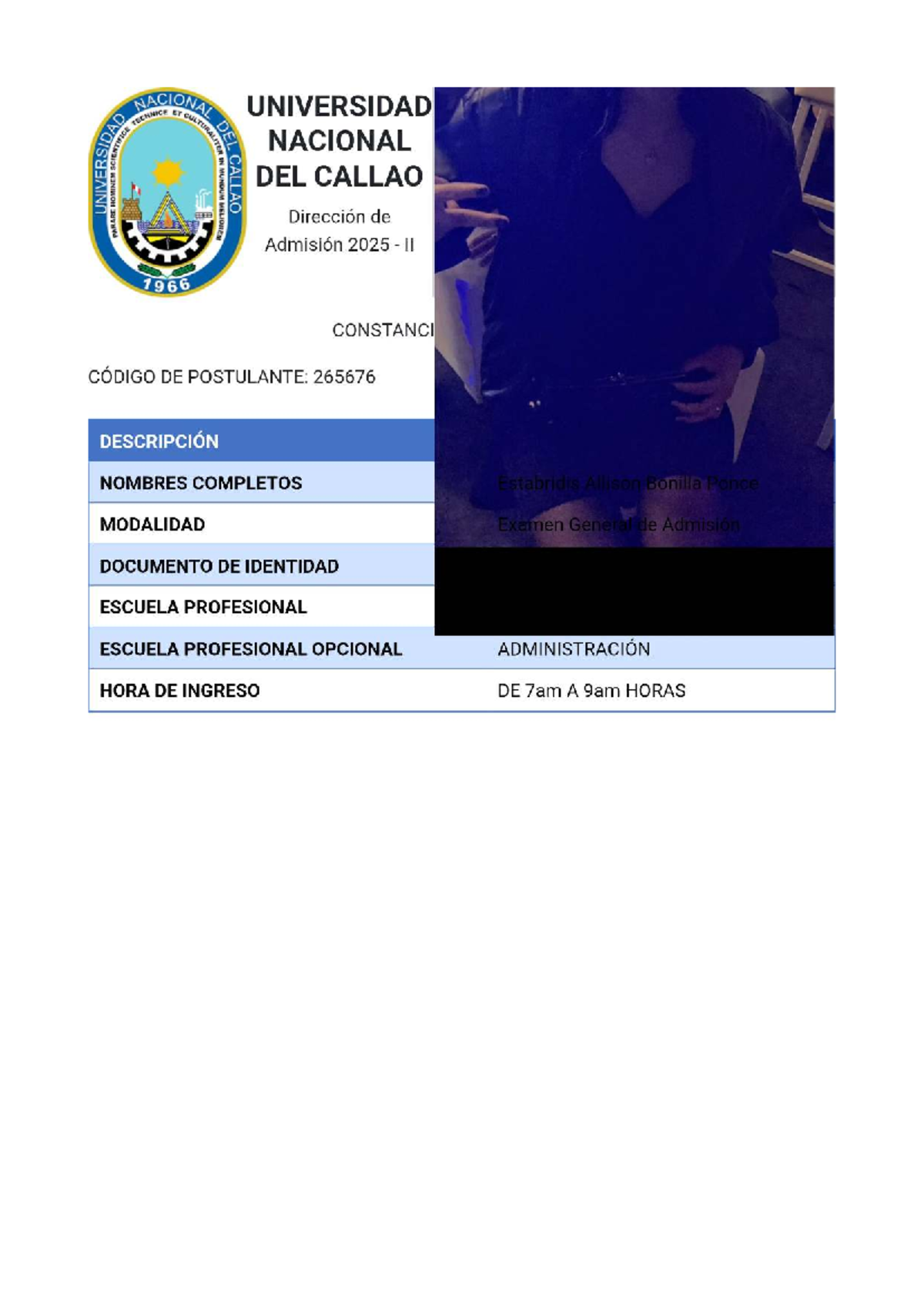 Constancia de Examen de Admisión 2025 - Código 265676 - Studocu