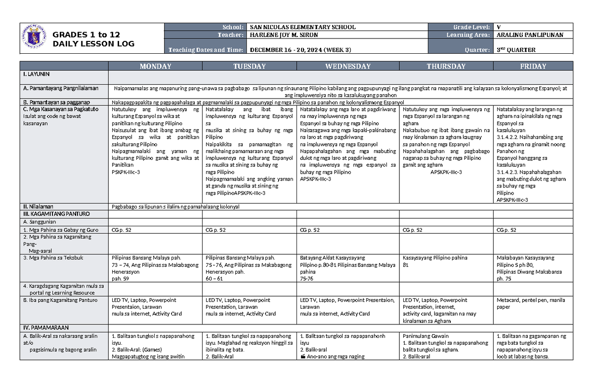 DLL Araling Panlipunan 5 Q3 W3 - GRADES 1 to 12 DAILY LESSON LOG School: SAN NICOLAS ELEMENTARY ...