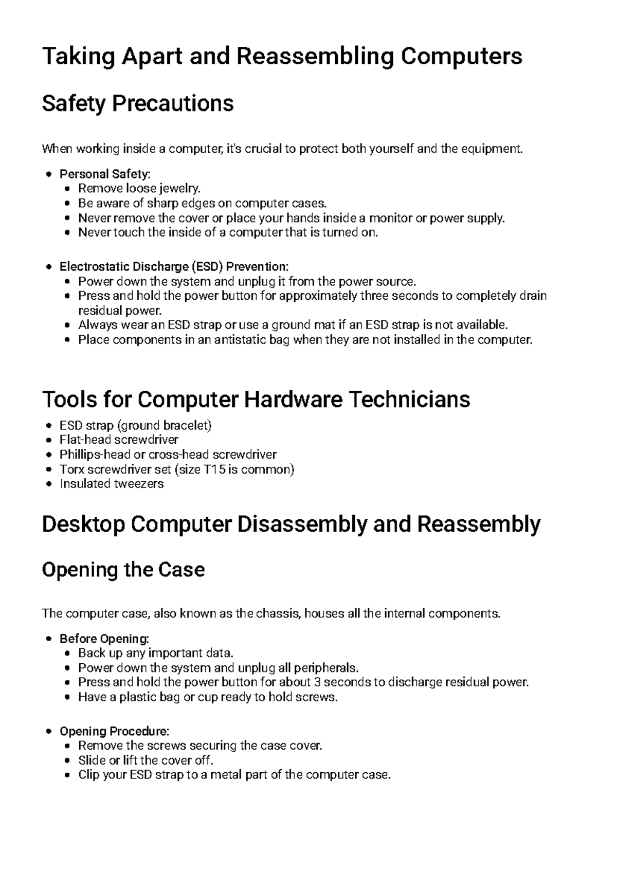 Unit1A-Study Guide: Computer Disassembly & Safety Precautions - Studocu