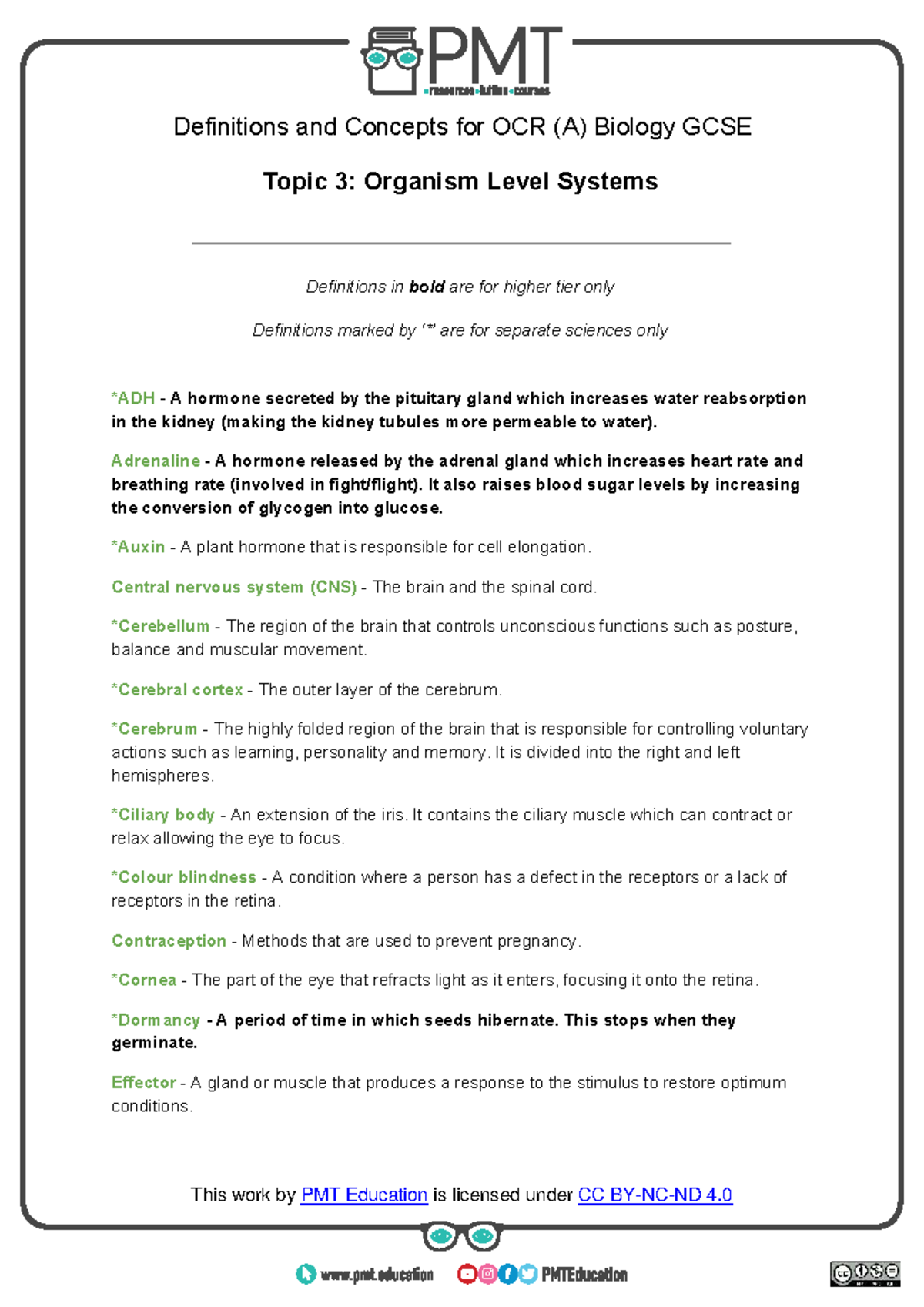 Definitions for OCR (A) Biology GCSE: Topic 3 Organism Level Systems ...
