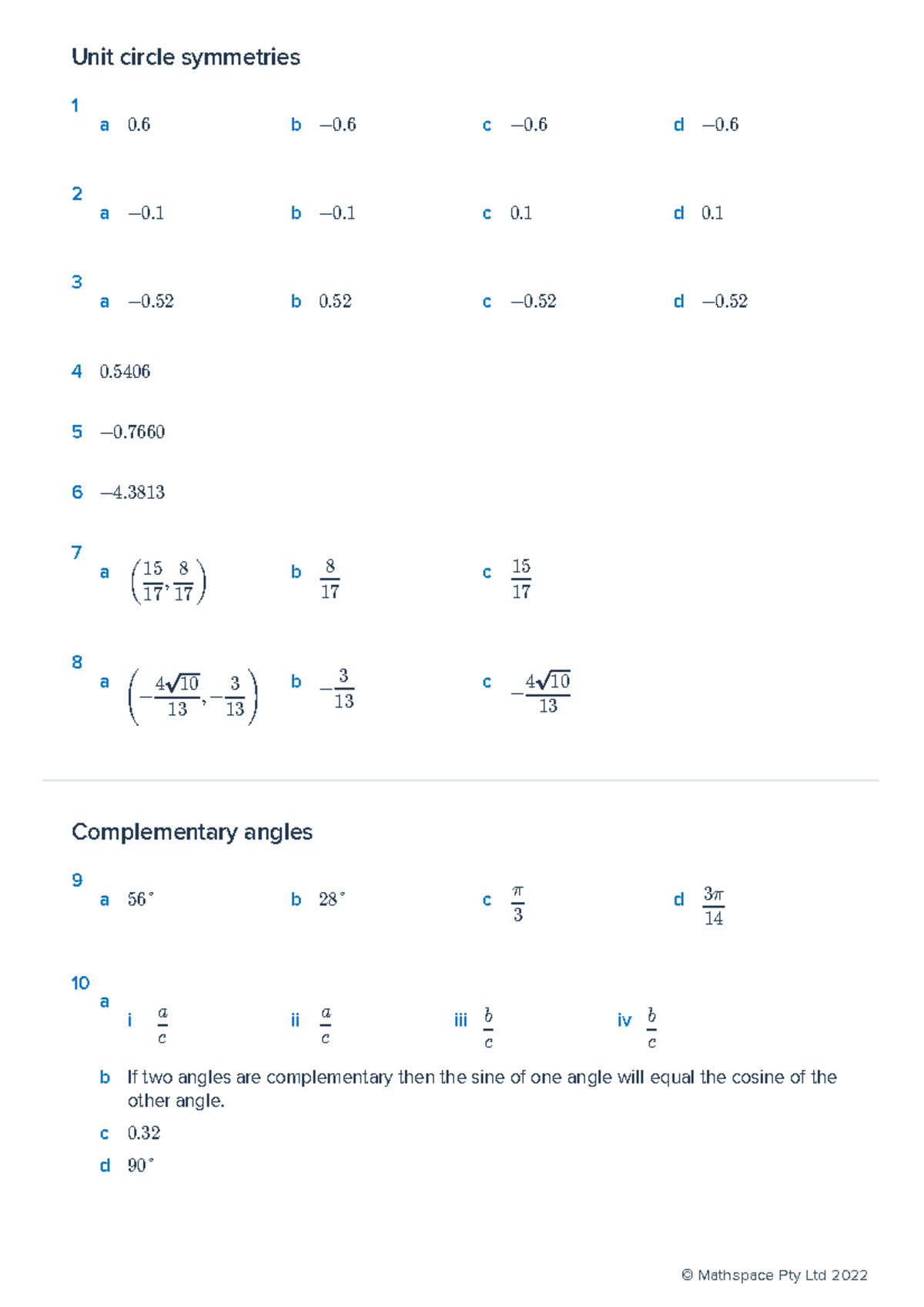 Trigonometric Identities Answer Key - Unit Circle Symmetries 5.085 ...
