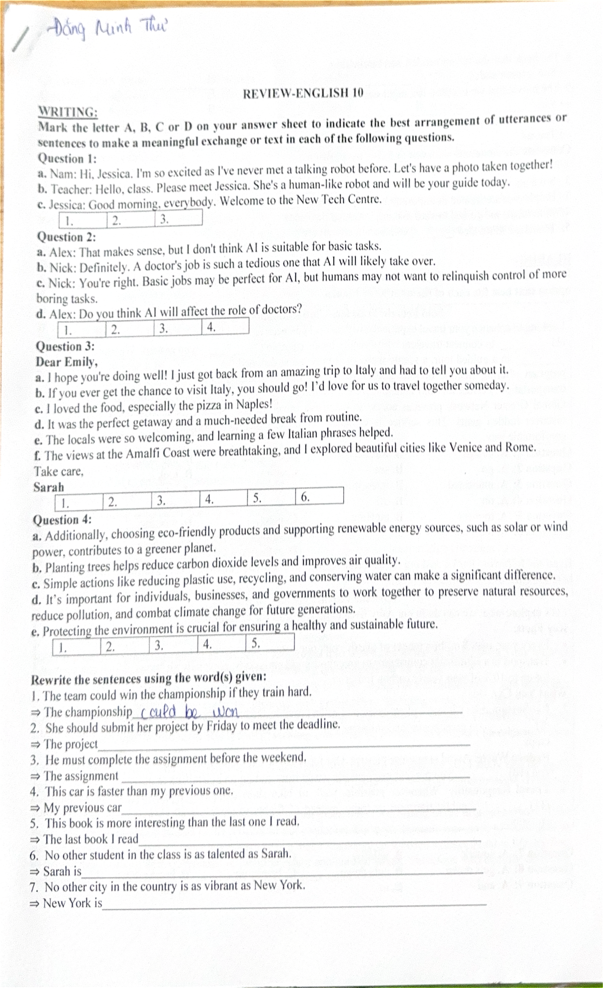 English 10 Review: Sentence Arrangement & Environmental Awareness - Studocu