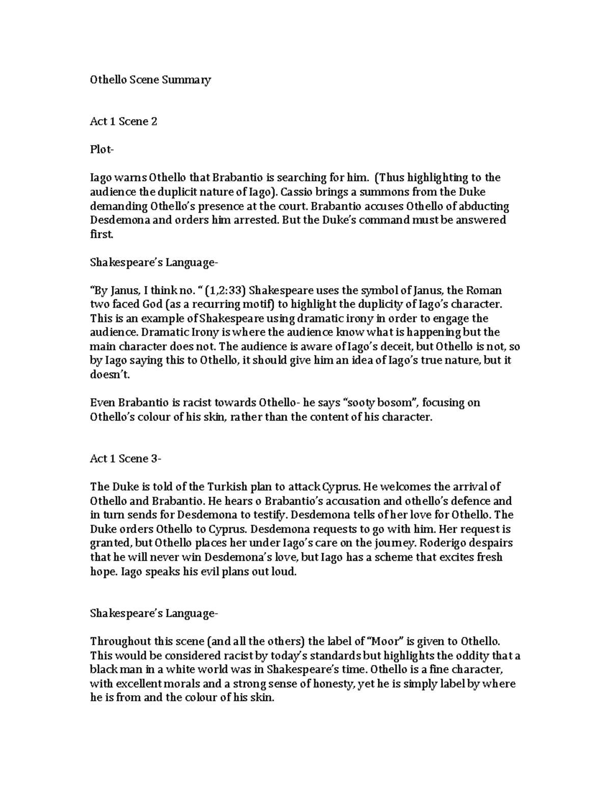 Othello Act 1 Scenes 2 & 3 Summary and Analysis - Studocu