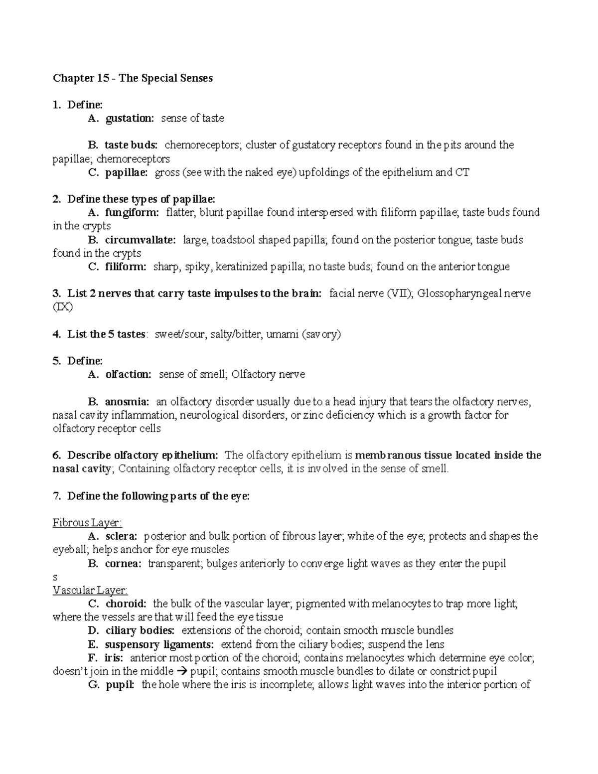 Chapter 15: The Special Senses - Student Notes on Gustation & Vision ...