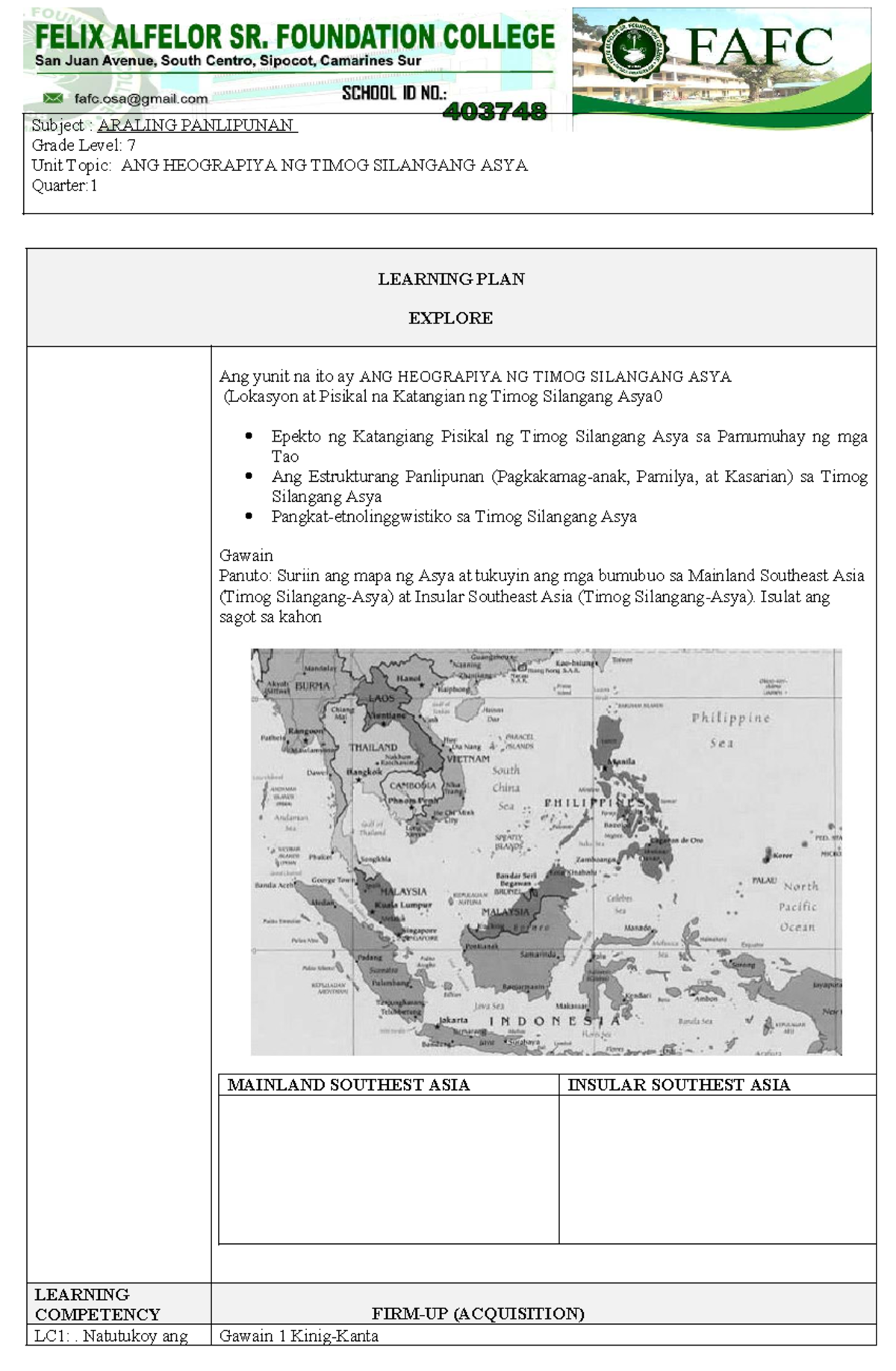 Learning Plan Q1: Heograpiya ng Timog Silangang Asya (Grade 7) - Studocu