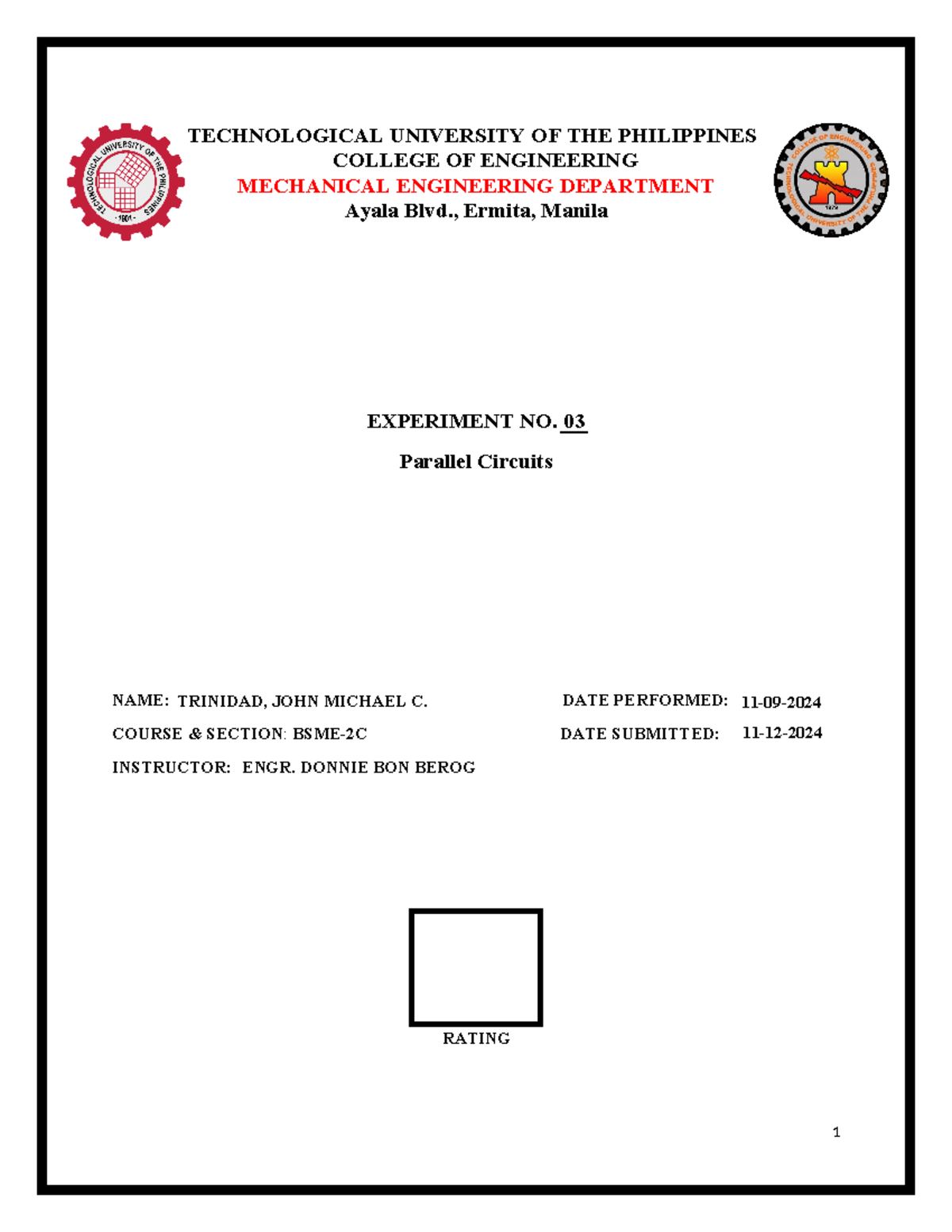 Experiment 3 - Parallel Circuit 1 - TECHNOLOGICAL UNIVERSITY OF THE ...