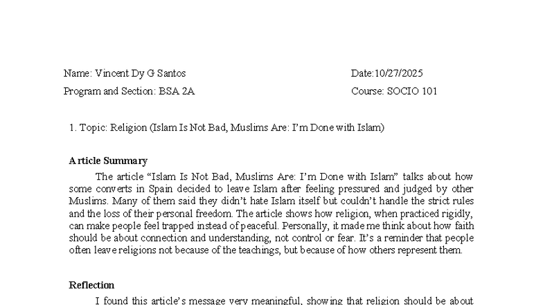 SEMI-Final Assignment #1: Reflections on SOCIO 101 Topics - Studocu