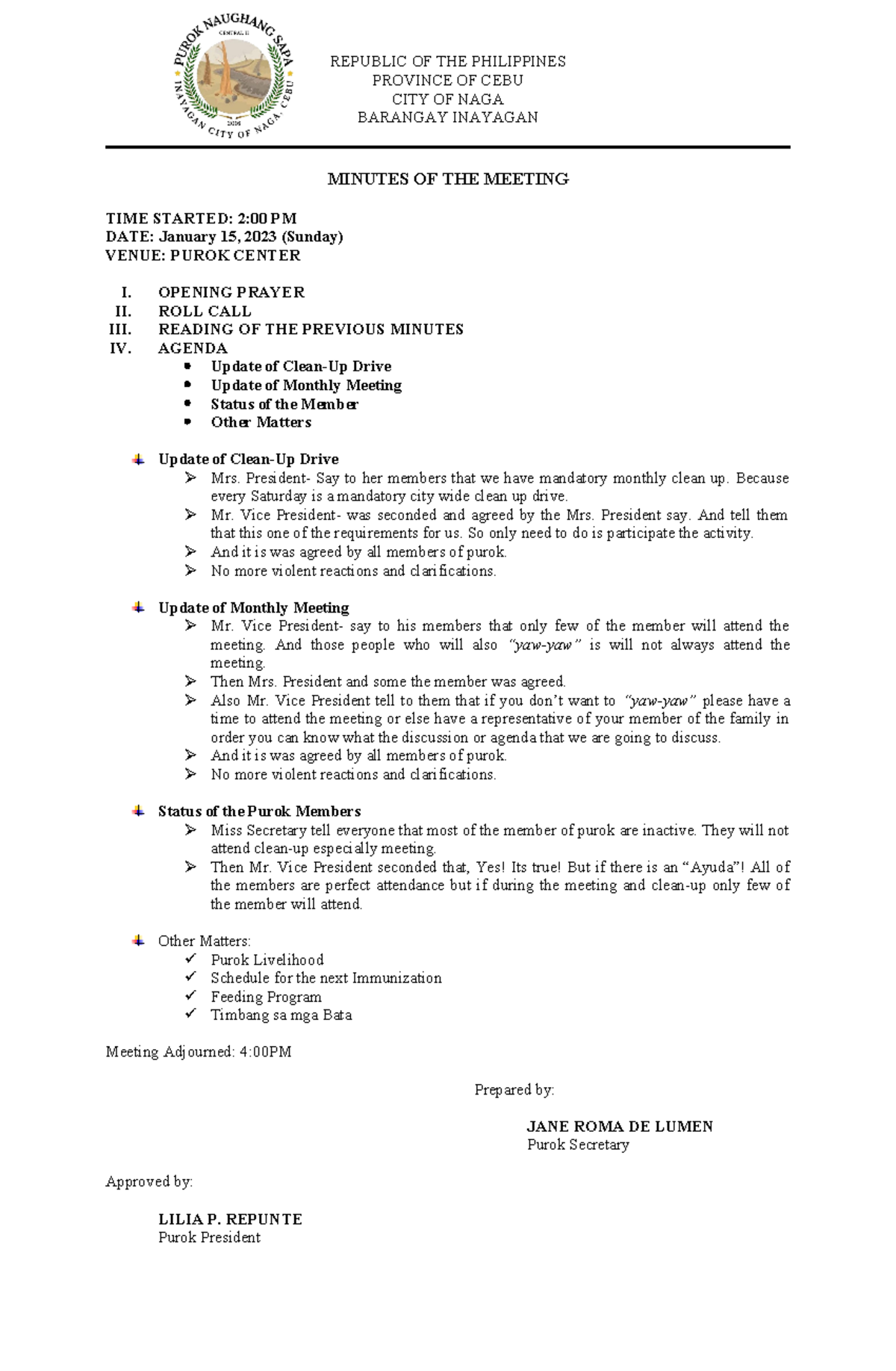 Minutes of Meeting - Purok Updates (January to April 2023) - Studocu