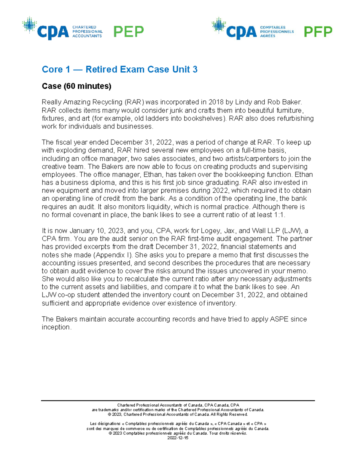 Core 1 Retired Exam Case: RAR Financial Audit Memo & Analysis - Studocu