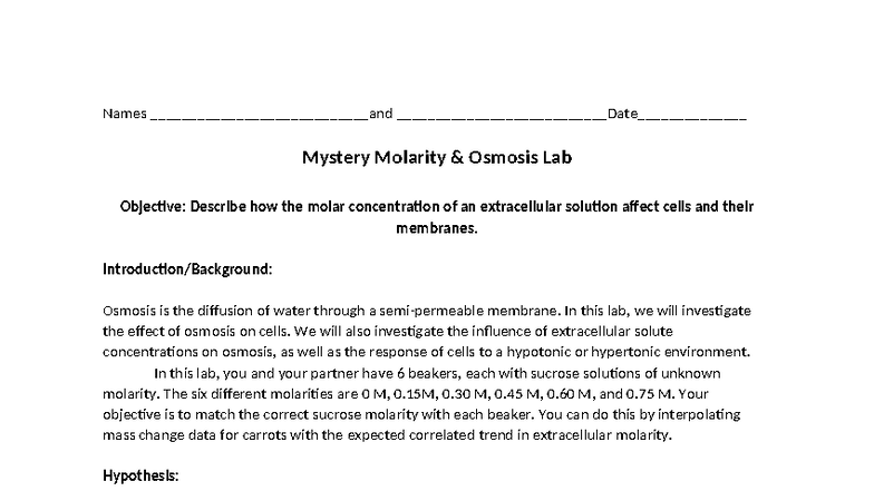 Mystery Molarity Lab (BIO 101): Investigating Osmosis in Carrots - Studocu