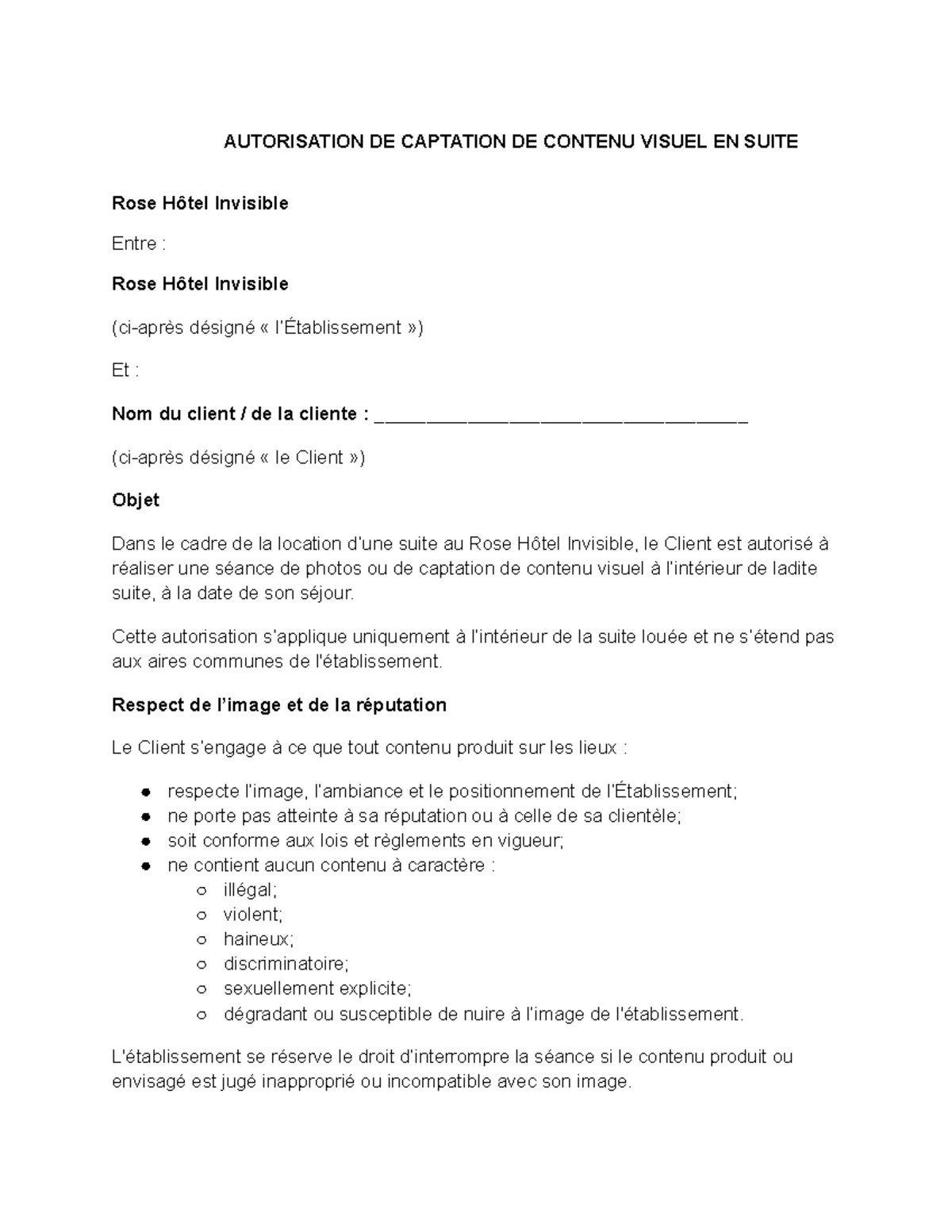 Autorisation de Captation de Contenu Visuel en Suite - Rose Hôtel - Studocu