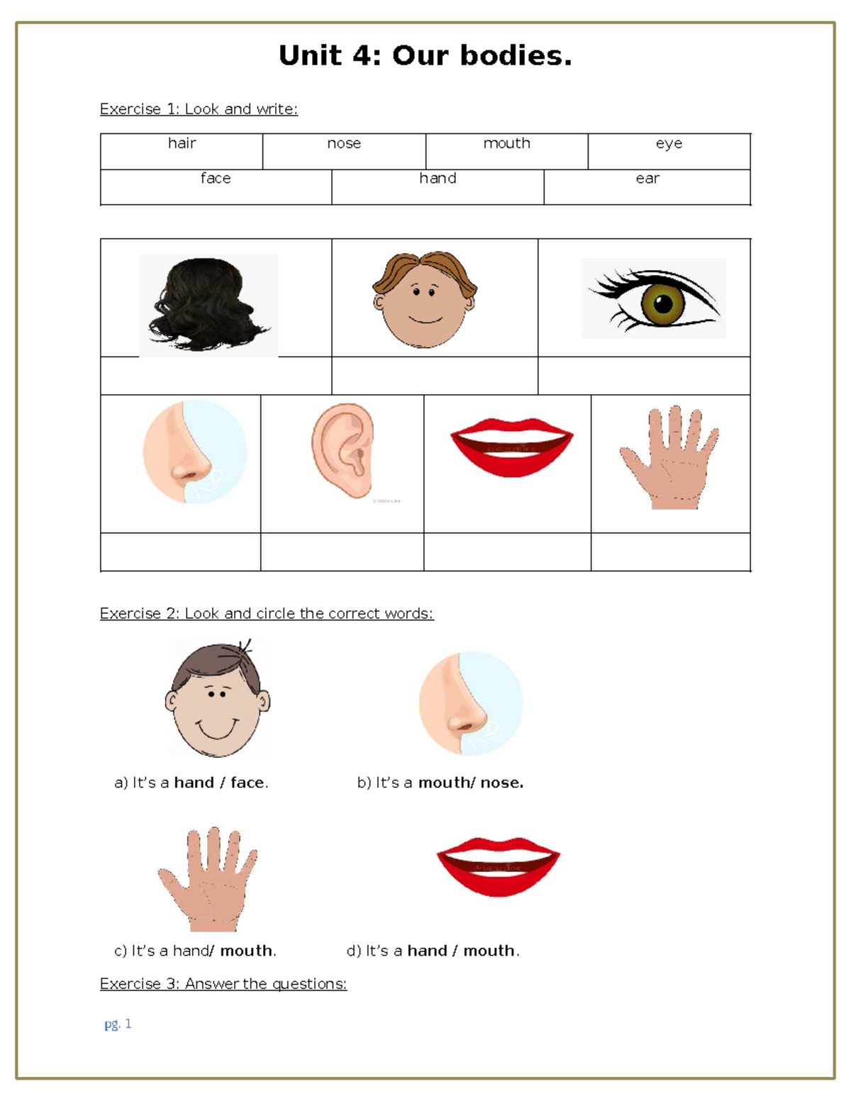 Unit 4: Our Bodies - Exercises and Activities for English 3 - Studocu