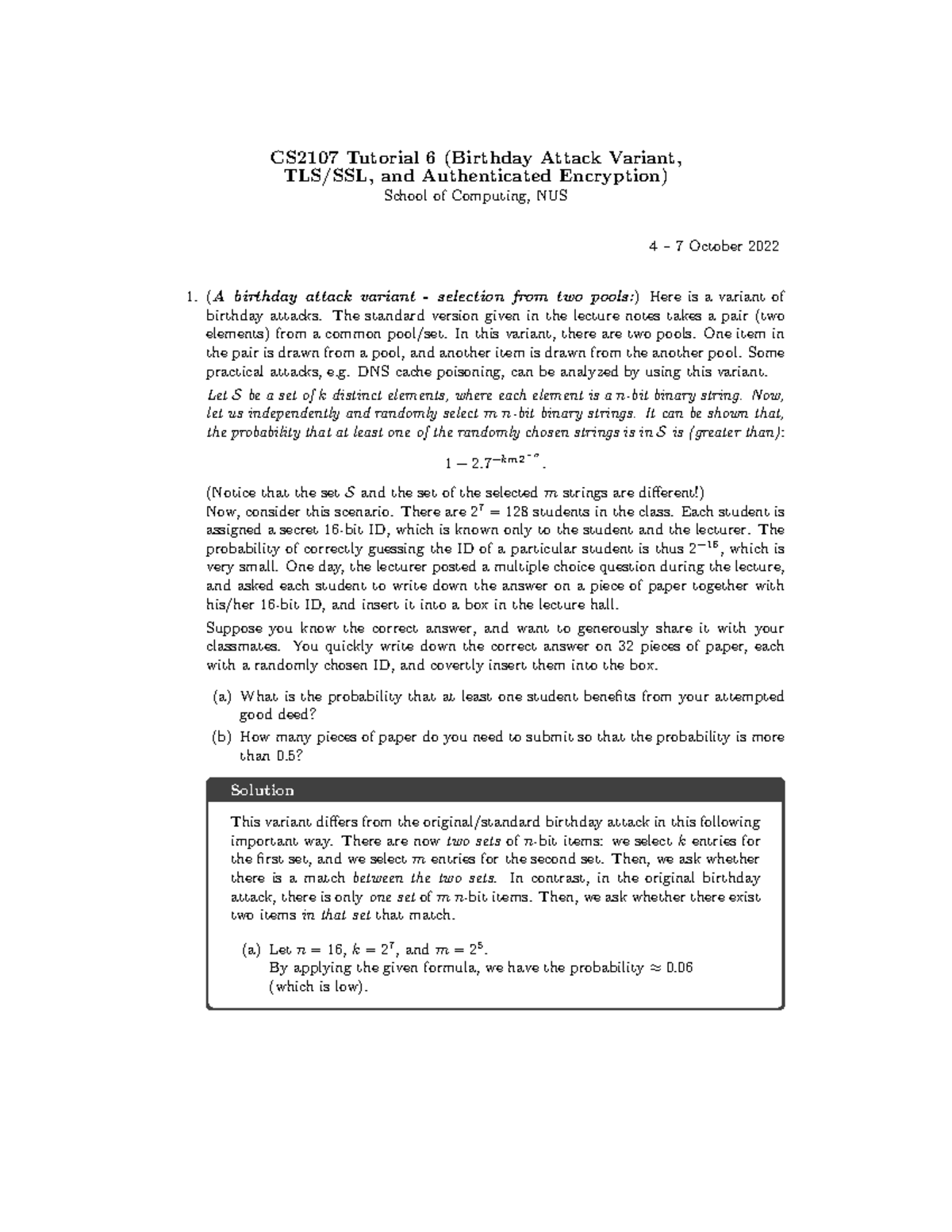 CS2107 Tutorial 6 Answers - CS2107 Tutorial 6 (Birthday Attack Variant ...