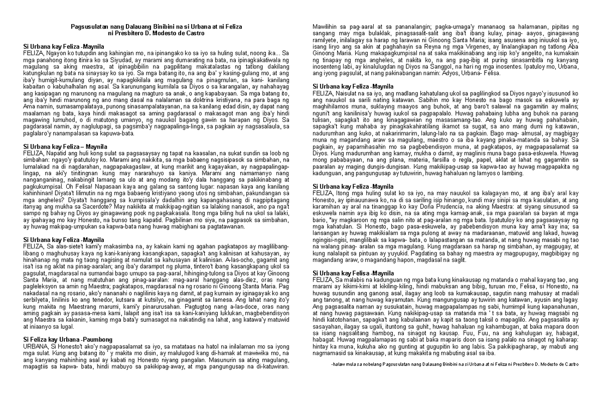 Pagsusuri at Aral mula sa "Urbana at Feliza" - Filipino 101 - Studocu