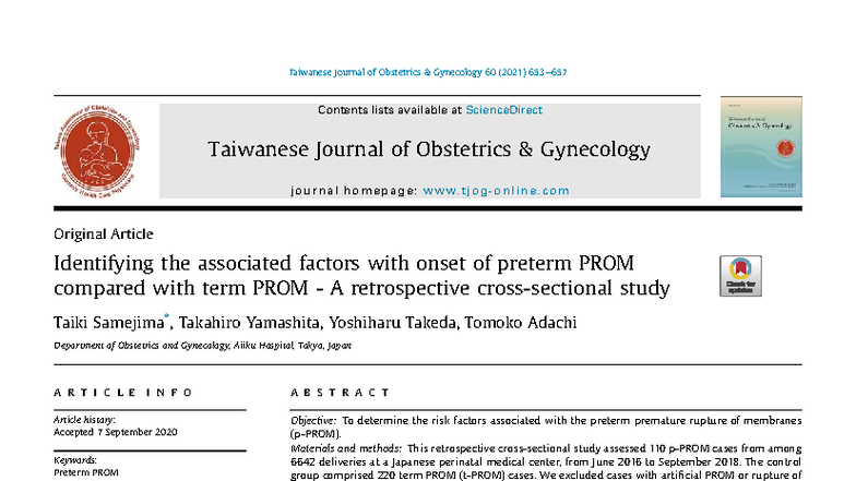 Identifying Risk Factors for Preterm PROM vs. Term PROM: A ...
