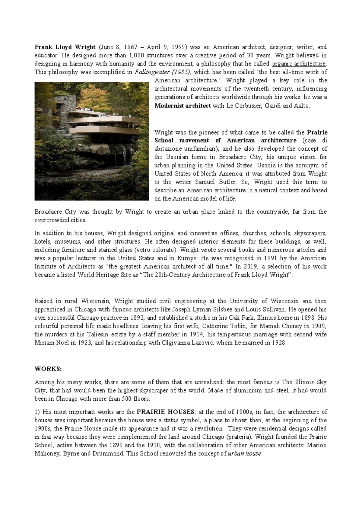 Frank Lloyd Wright: Masterpieces of Organic Architecture (ENG 101 ...