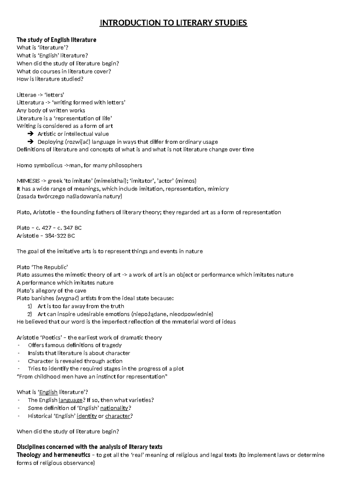 Introduction to Literary Studies: Key Concepts and Theories - Studocu