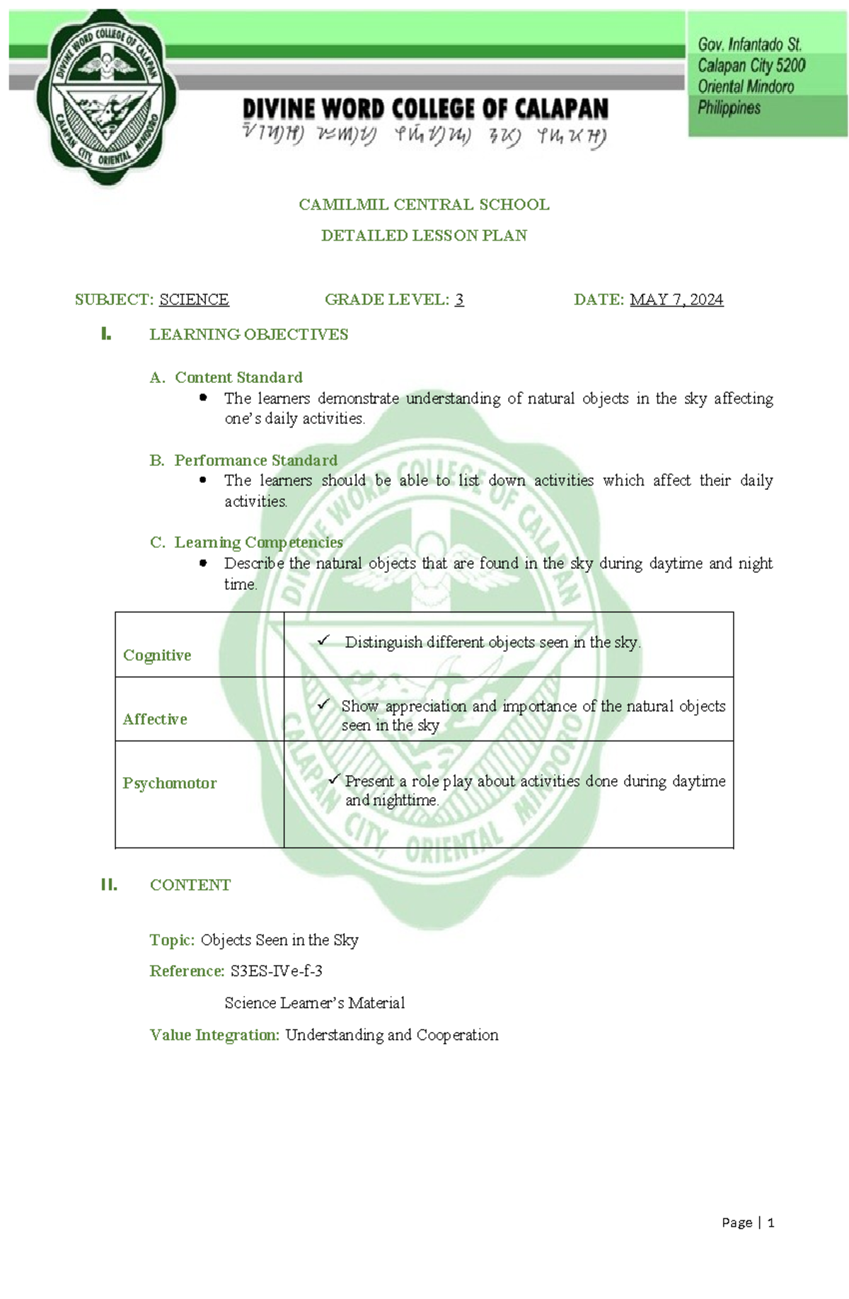 Final Exam - Science G3 Lesson Plan on Objects in the Sky - Studocu
