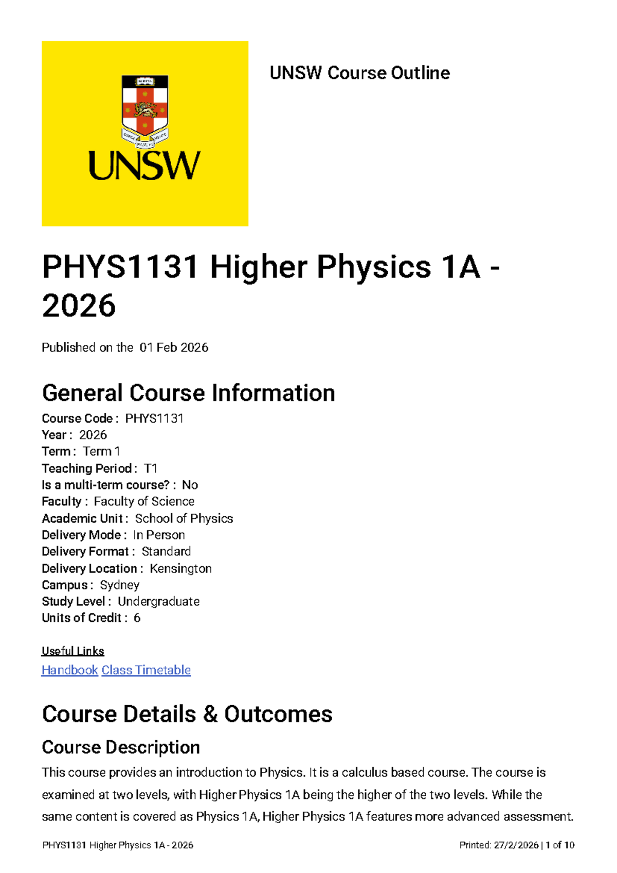 UNSW PHYS1131 Higher Physics 1A Course Outline 2026 Term 1 - Studocu