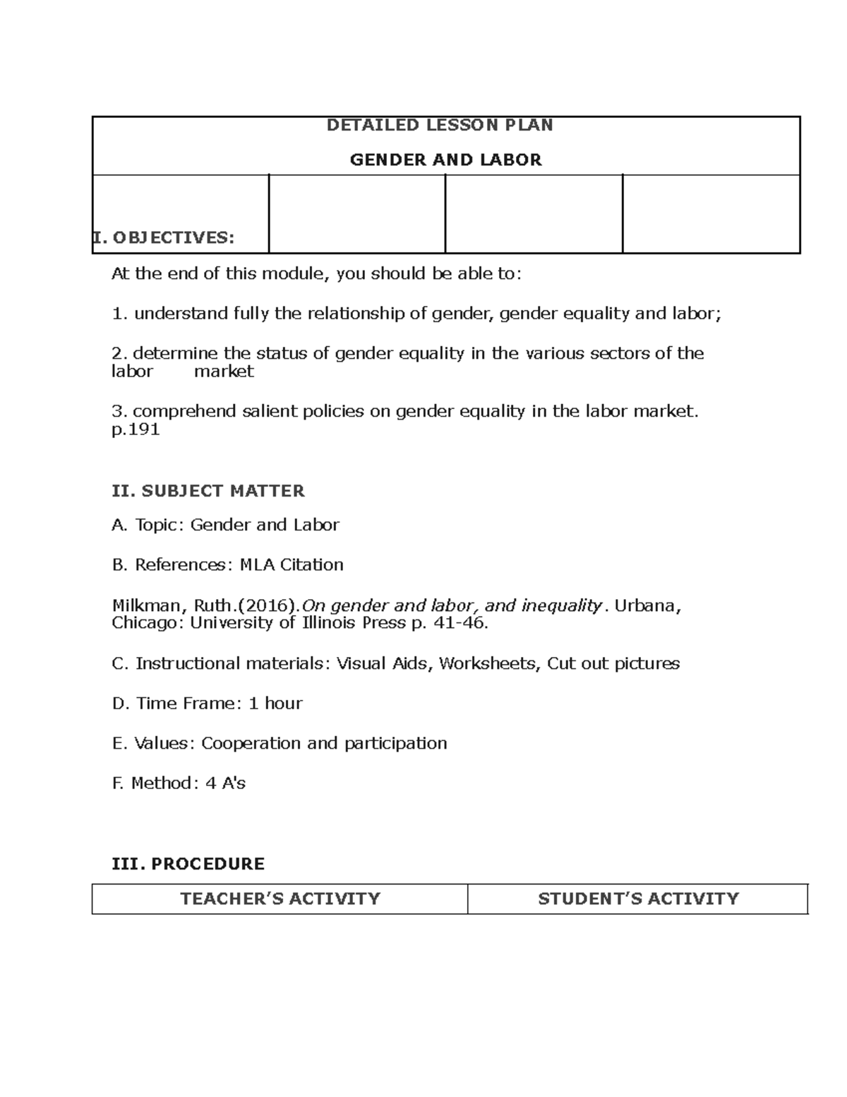 Lesson Plan BTVTED - DETAILED LESSON PLAN GENDER AND LABOR I ...