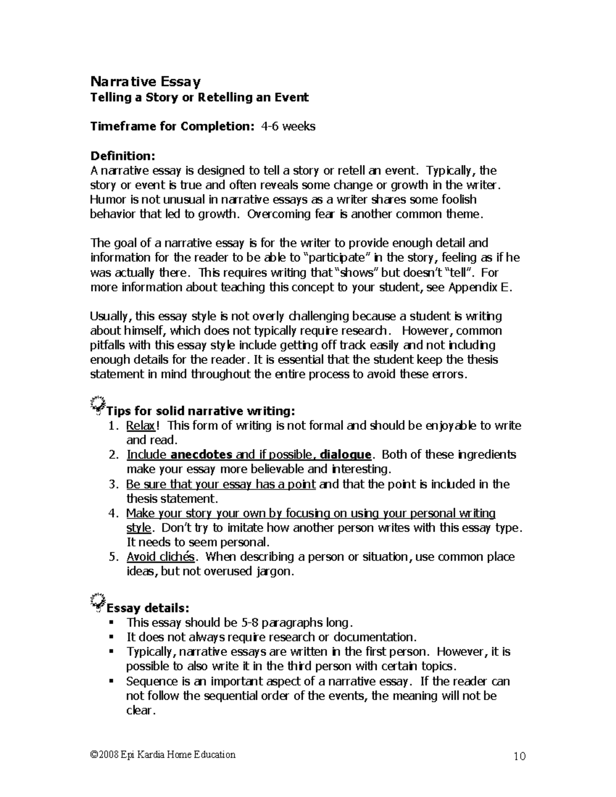 Narrative Essay Guidelines for Epi Kardia Home Ed 10 Students - Studocu