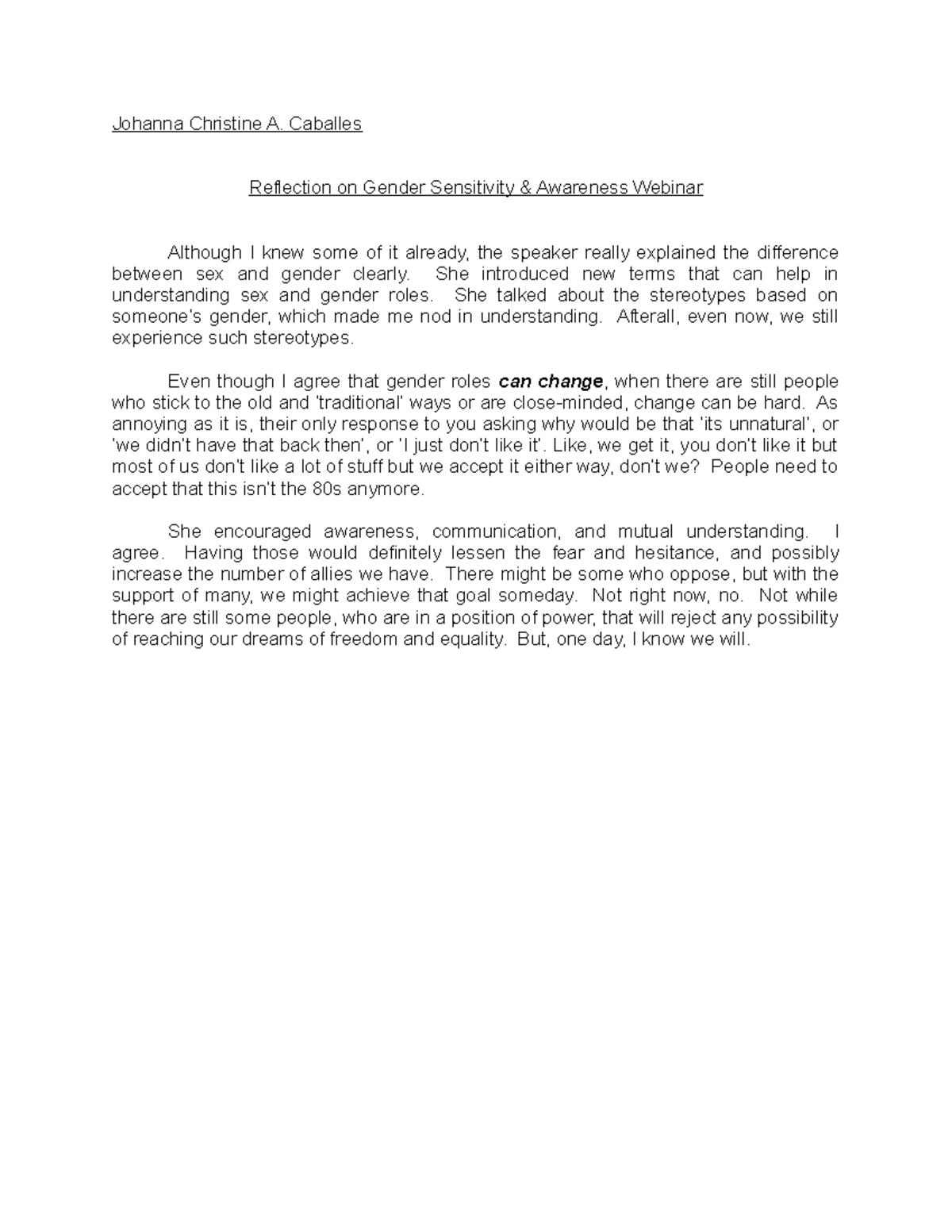 Reflection on Gender Sensitivity & Awareness Webinar (GSA 101) - Studocu