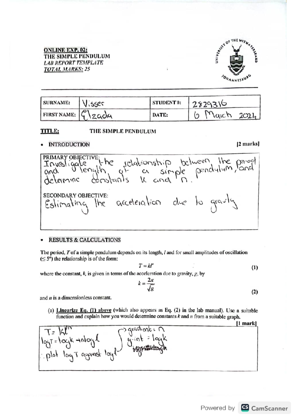 Experiment 2: Understanding the Simple Pendulum's Period - Lab Report ...