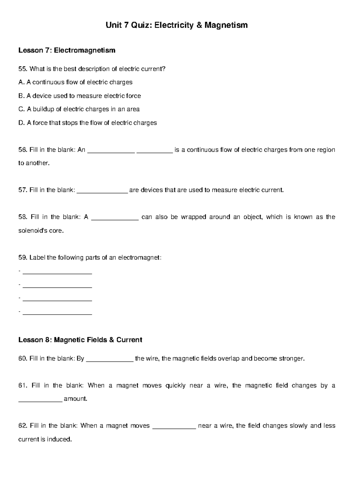 Unit 7 Quiz: Electricity & Magnetism Concepts and Questions - Studocu