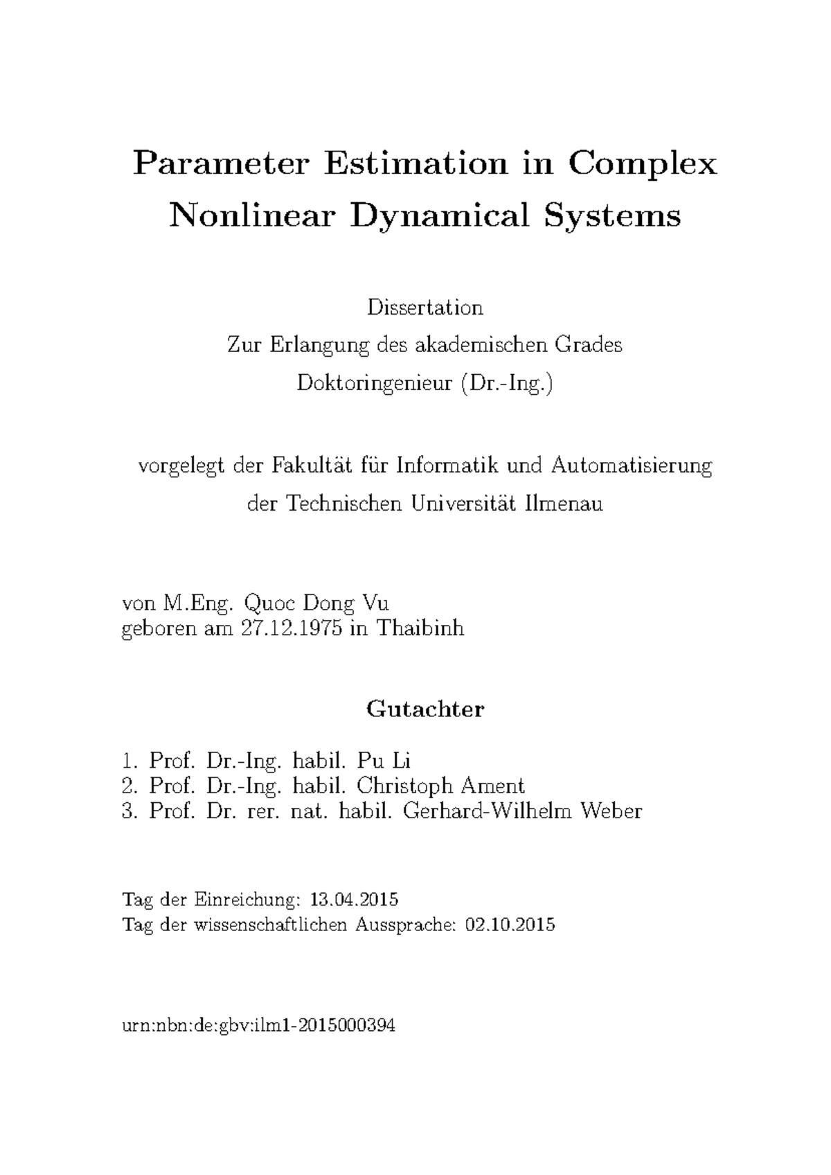 Dissertation: Parameter Estimation in Complex Nonlinear Dynamical ...