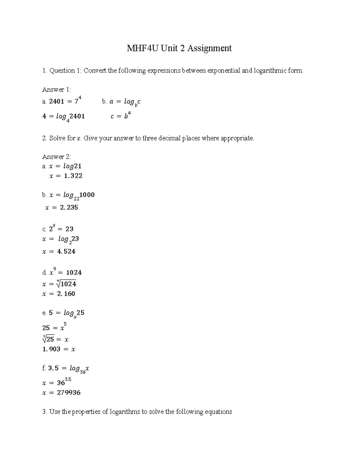MHF4U Unit 2 Assignment: Logarithmic and Exponential Equations - Studocu