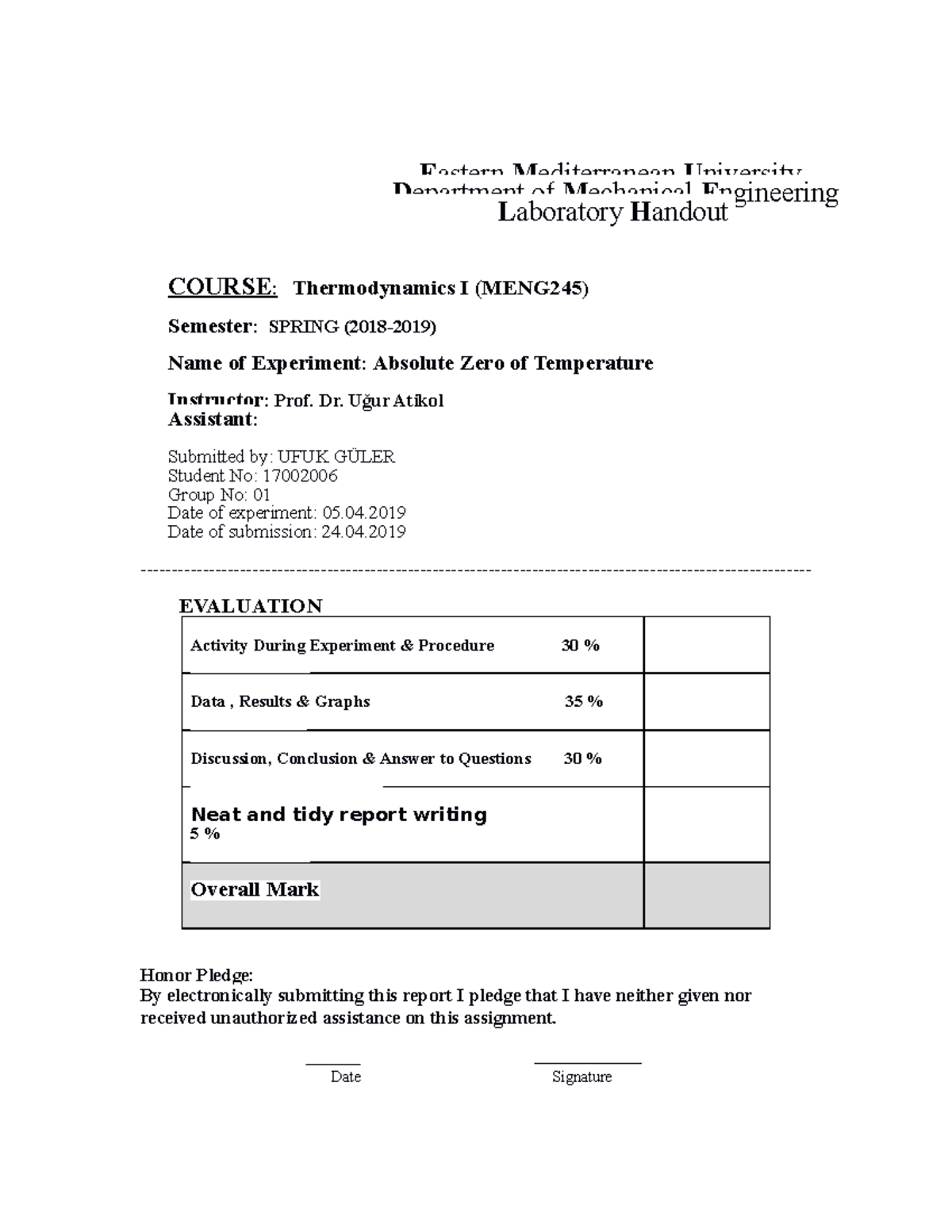 Expriment 1(Thermodynamics Lab Absolute Zero) - E astern M editerranean ...
