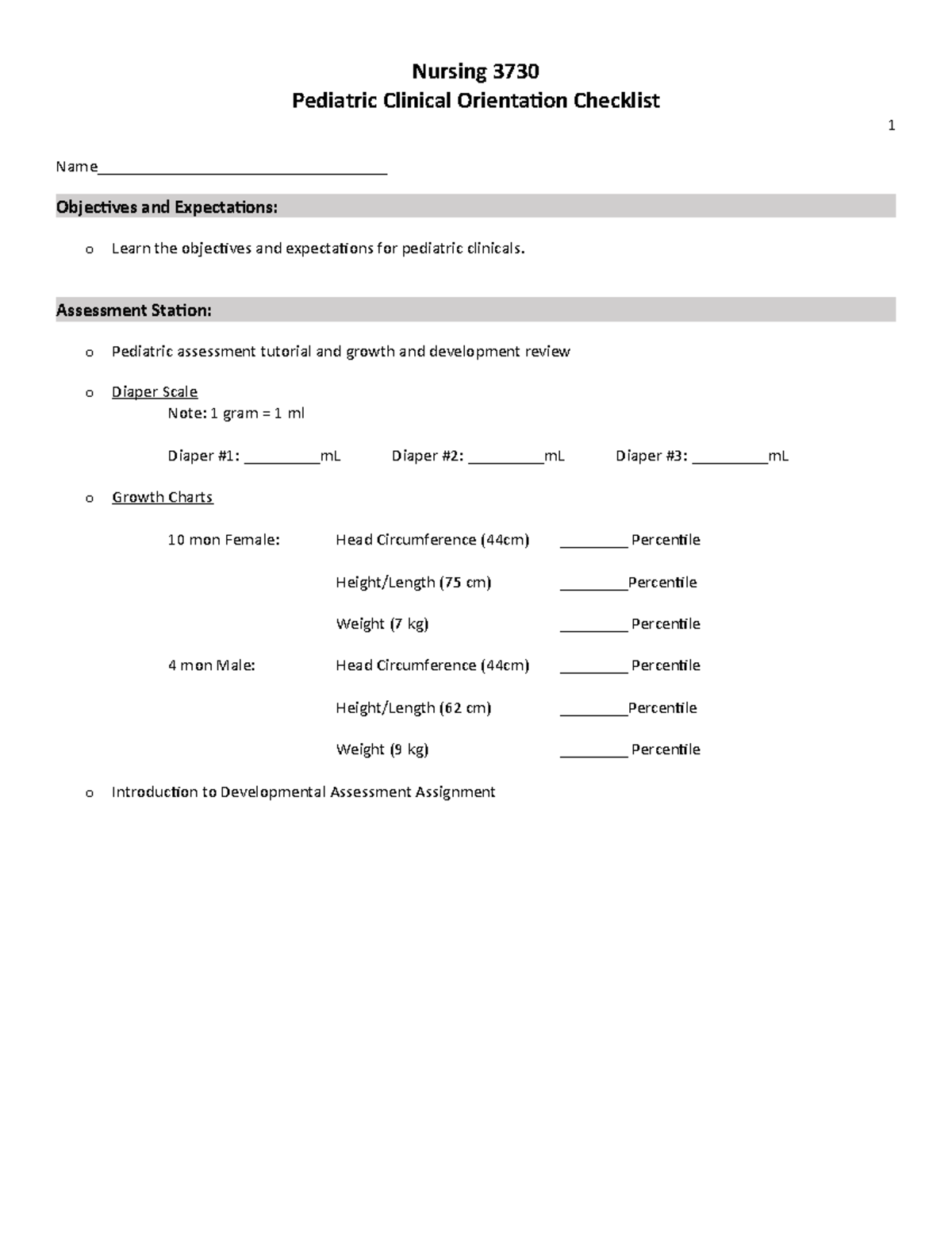 Nursing 3730 - Pediatric Clinical Orientation Checklist Guide - Studocu