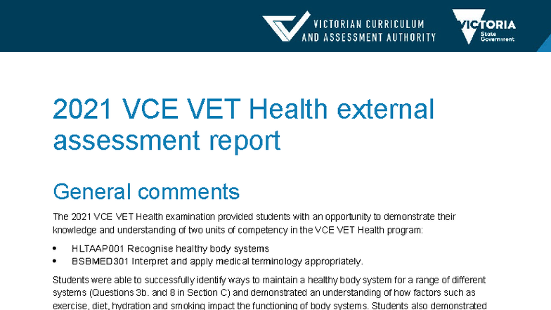 2021 VCE VET Health External Assessment Report Insights - Studocu