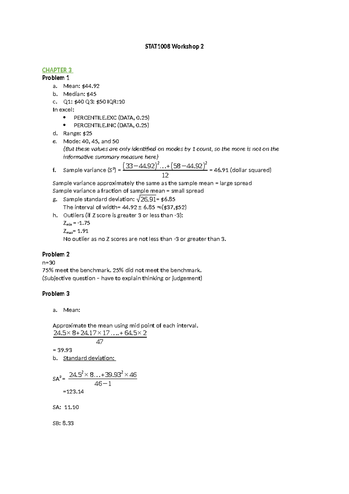 STAT1008 Workshop 2: Chapter 3 Statistical Analysis Problems - Studocu