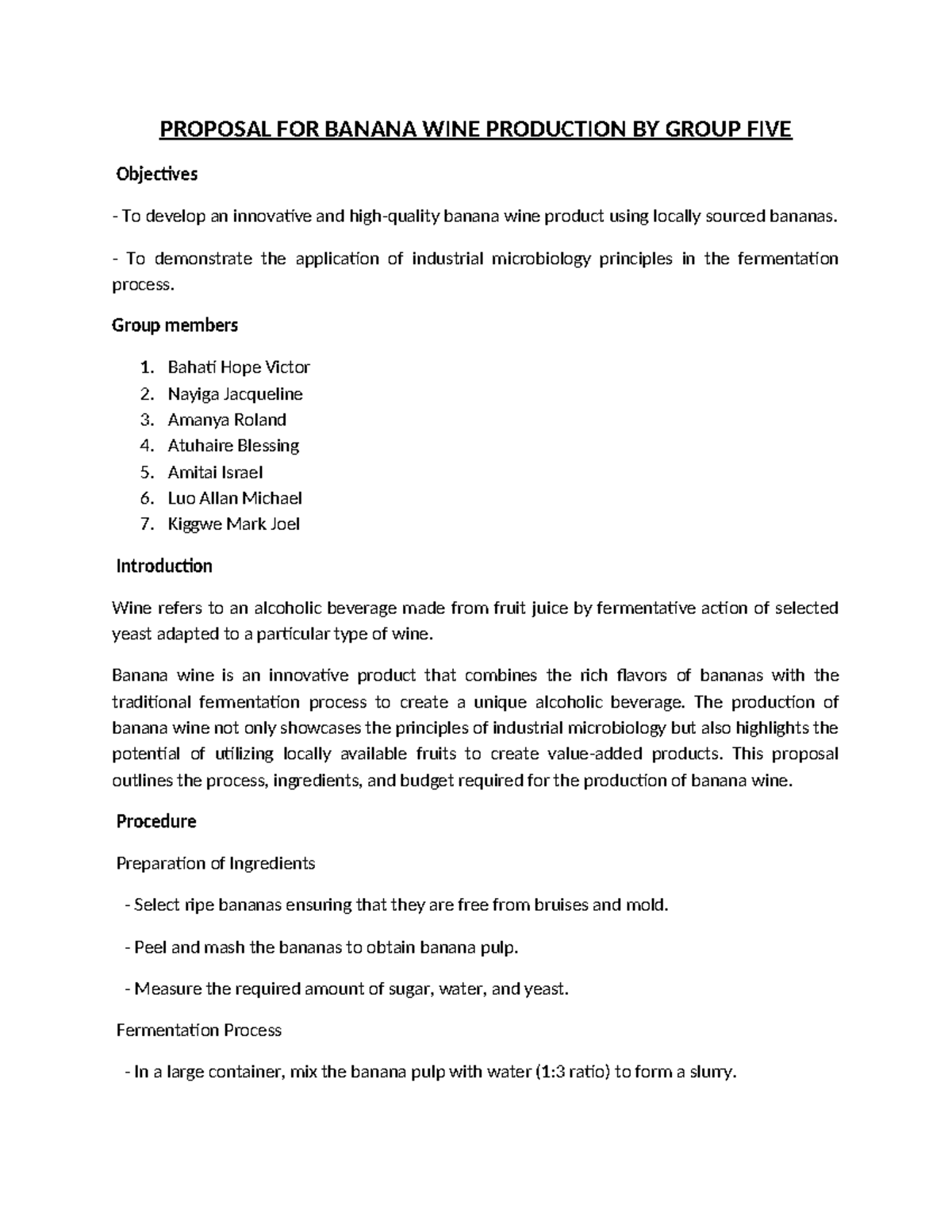 Proposal for Banana Wine Production: Group 5 Project Plan - Studocu
