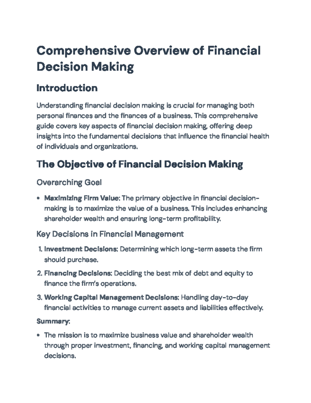 Comprehensive Guide to Financial Decision Making (Course Code: FIN101 ...